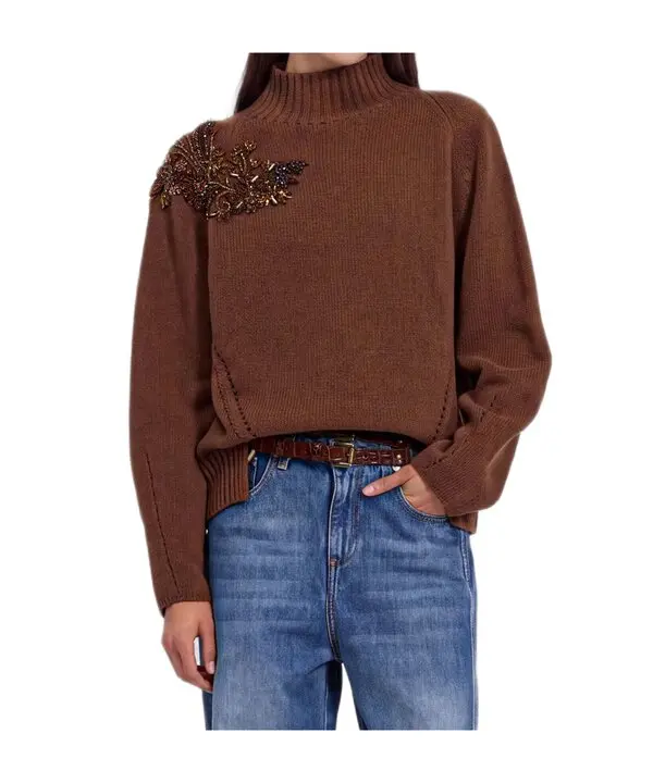 ERMANNO FIRENZE Embellished High-neck Sweater - Brown