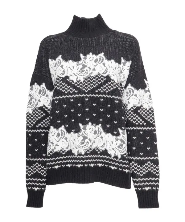 ERMANNO FIRENZE Intarsia Lace-knit Turtleneck Sweater - Black