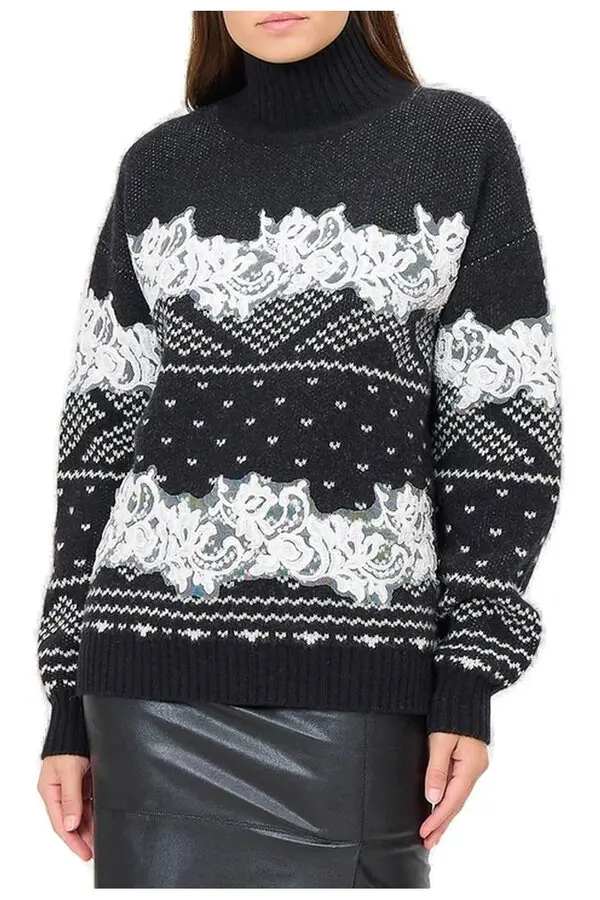 ERMANNO FIRENZE Intarsia Lace-knit Turtleneck Sweater