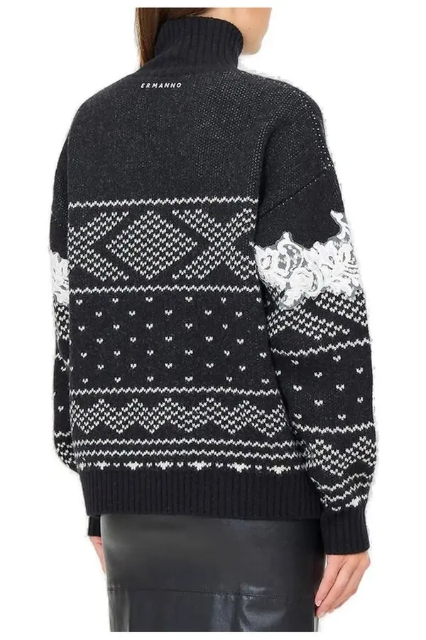 ERMANNO FIRENZE Intarsia Lace-knit Turtleneck Sweater