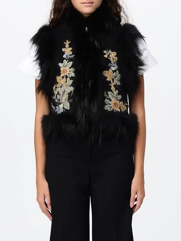 Fendi Wool Gilet With Embroidery And Fox Fur Trim - Black