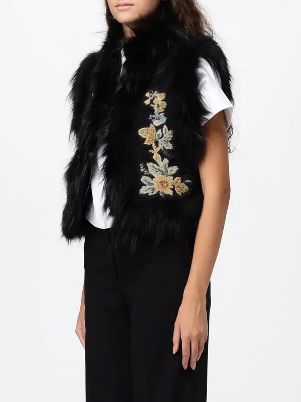 Fendi Wool Gilet With Embroidery And Fox Fur Trim - Black