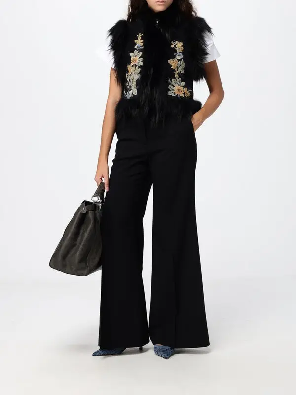 Fendi Wool Gilet With Embroidery And Fox Fur Trim - Black