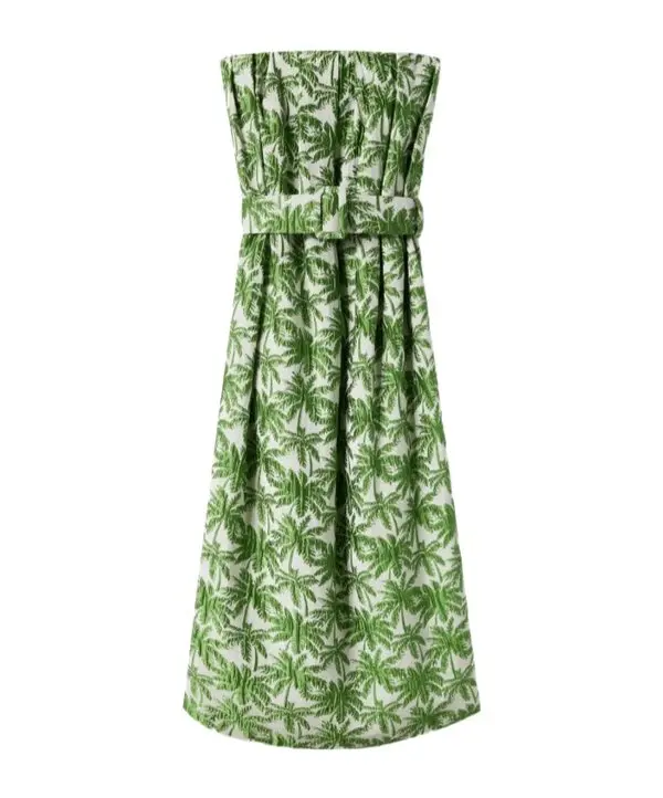 La DoubleJ Filter Palm-print Strapless Midi Dress