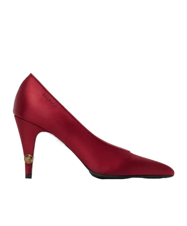 Versace Satin Pointed-toe Slip-on Pumps With Medusa Accent - Red
