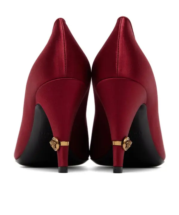 Versace Satin Pointed-toe Slip-on Pumps With Medusa Accent - Red