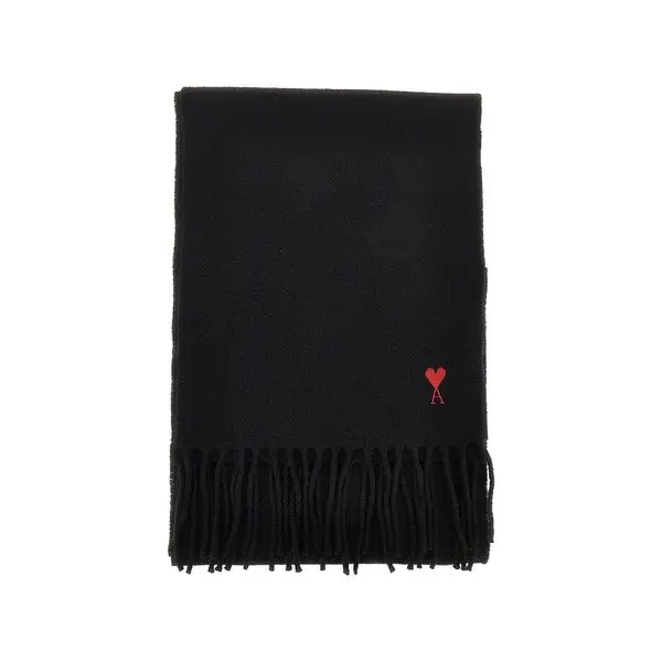 AMI Paris De Coeur Embroidery Wool Scarf - Black
