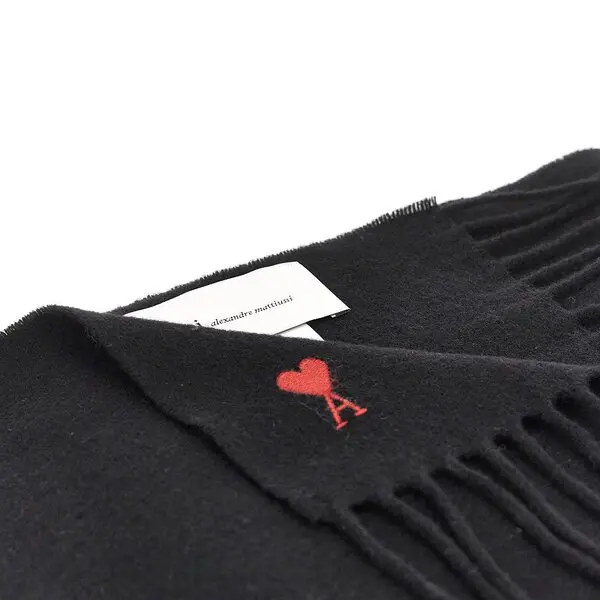 AMI Paris De Coeur Embroidery Wool Scarf - Black