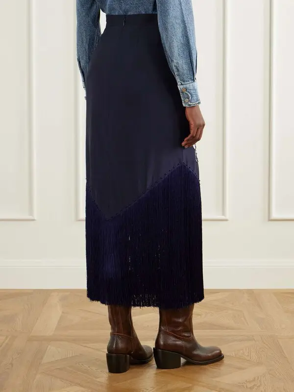 ALEMAIS Dillon Embellished Fringed Midi Skirt - Midnight Blue