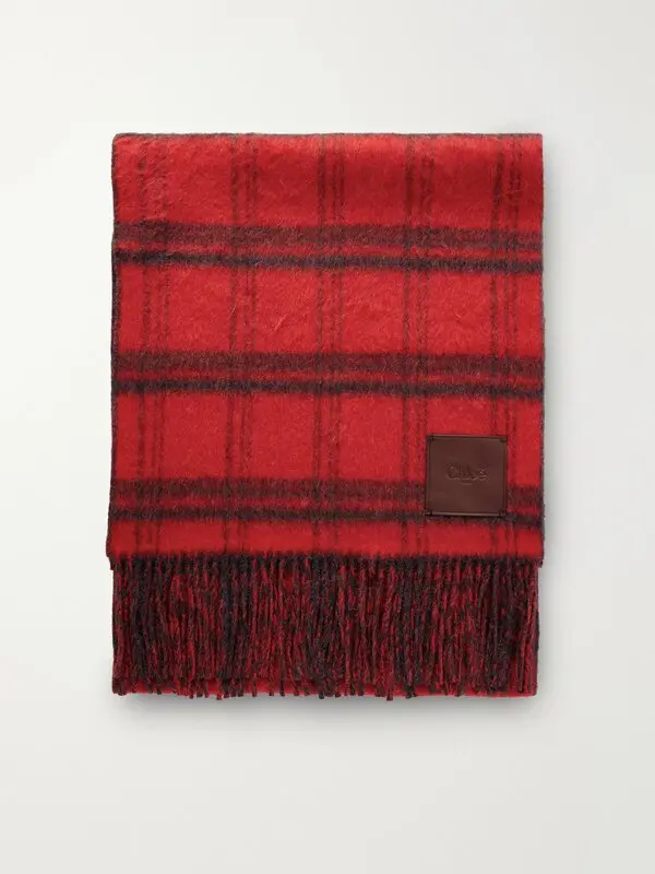 Chloé Logo-debossed Fringed Checked Leather-trimmed Alpaca And Wool-blend Scarf - Red