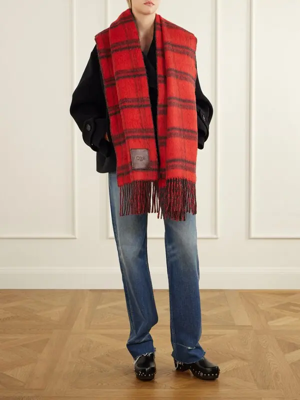 Chloé Logo-debossed Fringed Checked Leather-trimmed Alpaca And Wool-blend Scarf