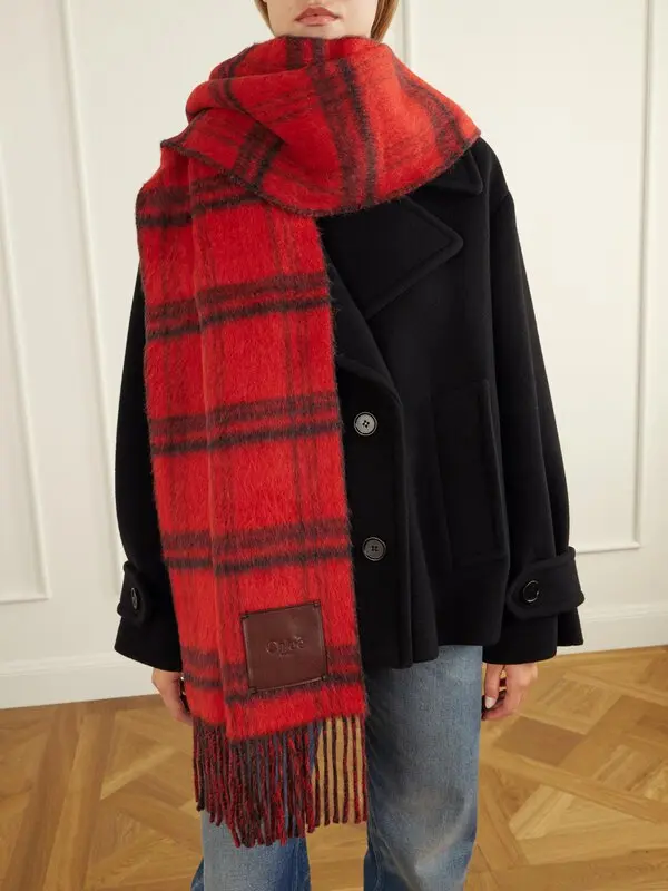 Chloé Logo-debossed Fringed Checked Leather-trimmed Alpaca And Wool-blend Scarf