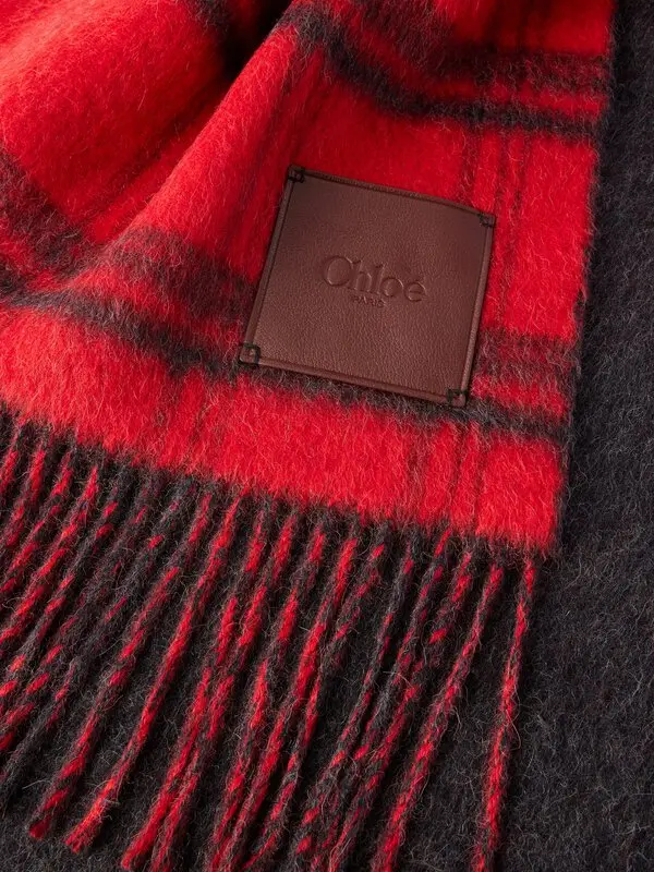 Chloé Logo-debossed Fringed Checked Leather-trimmed Alpaca And Wool-blend Scarf