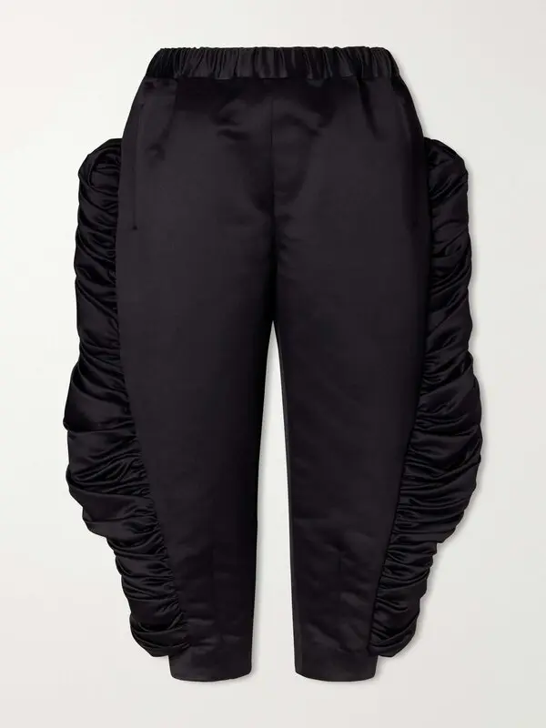 Comme Des Garçons Cropped Ruffled Satin Tapered Capri Pants - Black