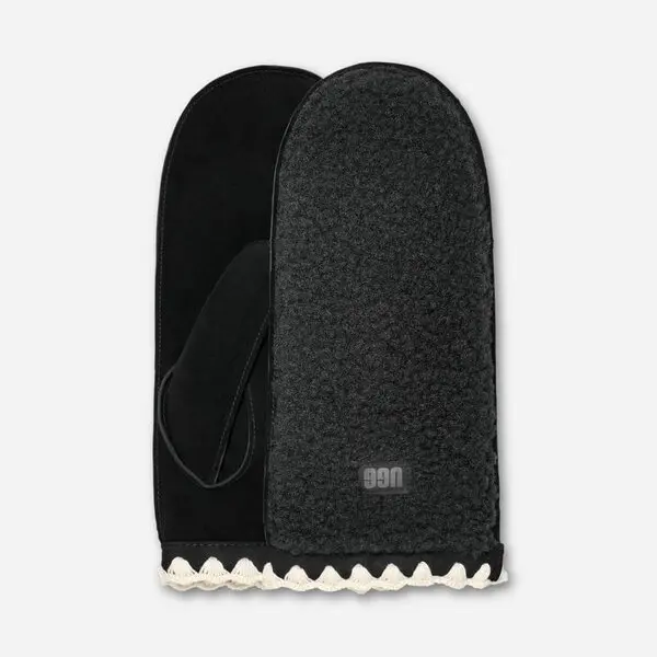 UGG Fluff Scalloped Leather And Fleece Mittens - Black