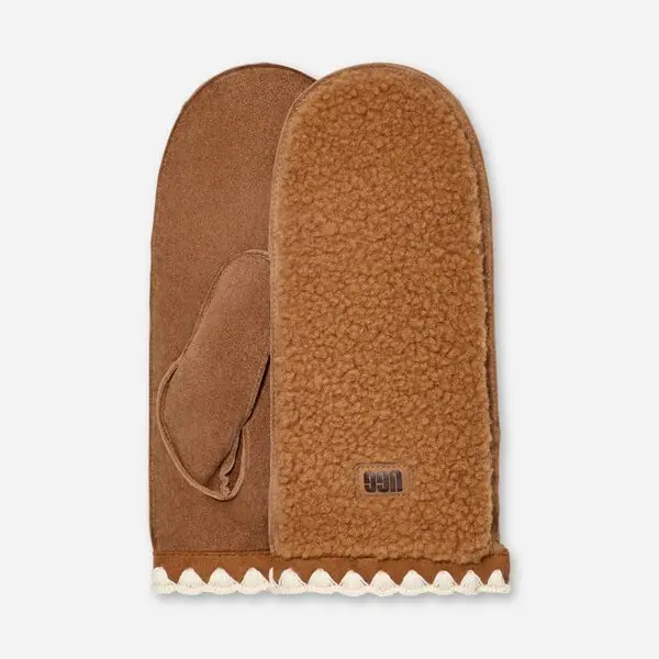UGG Fluff Scalloped Leather And Fleece Mittens - Chestnut