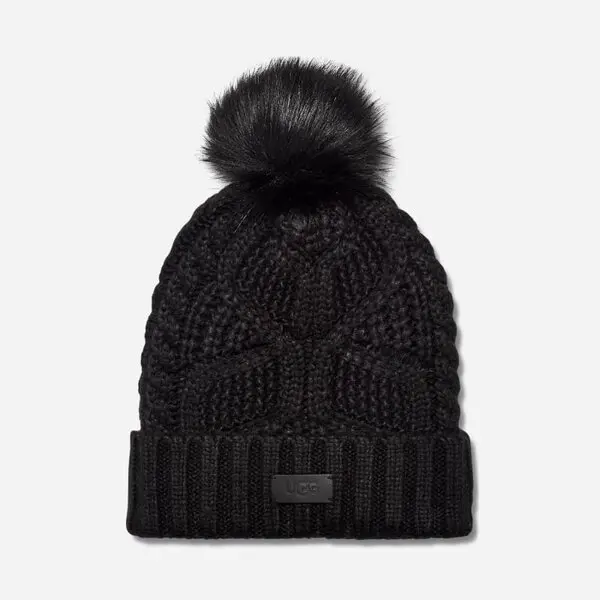 UGG Cable Knit Beanie With Faux Fur Pom - Black
