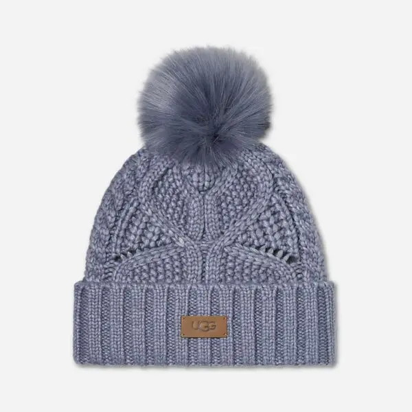 UGG Cable Knit Beanie With Faux Fur Pom - Silver Blue