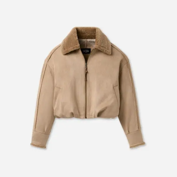 UGG Coleta Faux Suede Bubble Jacket With Faux Fur Trim - Sand