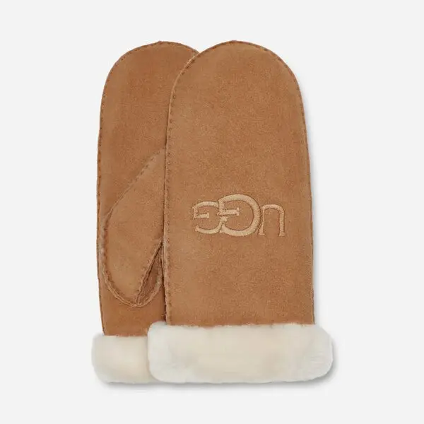 UGG Sheepskin Embroidered Mittens - Chestnut