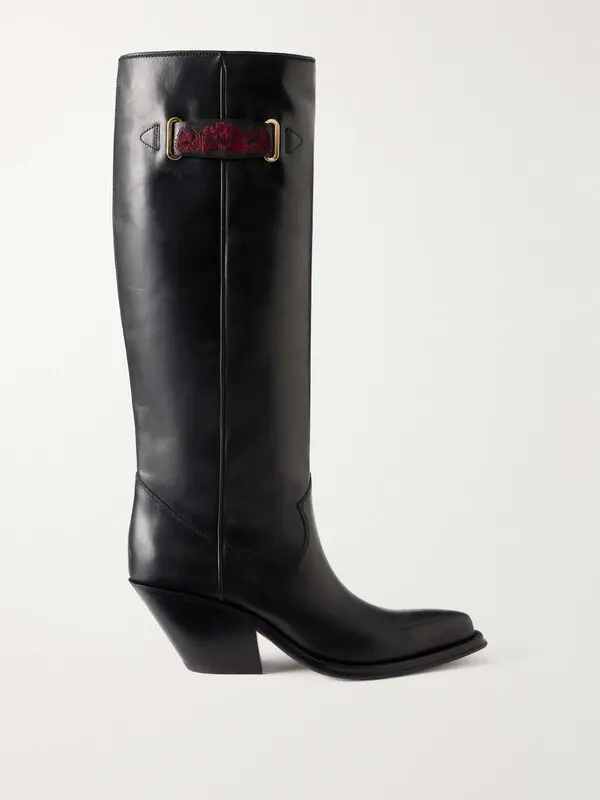 Chloé Azelan Embroidered Leather Knee Boots - Black