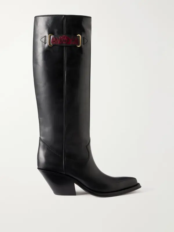 Chloé Azelan Embroidered Leather Knee-high Boots - Black