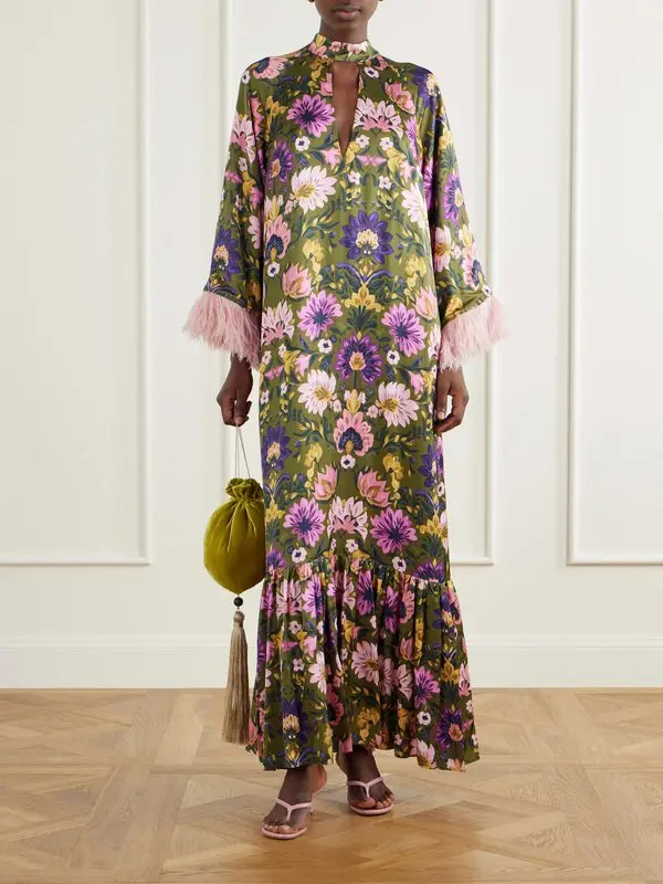 Borgo De Nor Avalon Feather-trimmed Printed Satin Maxi Dress