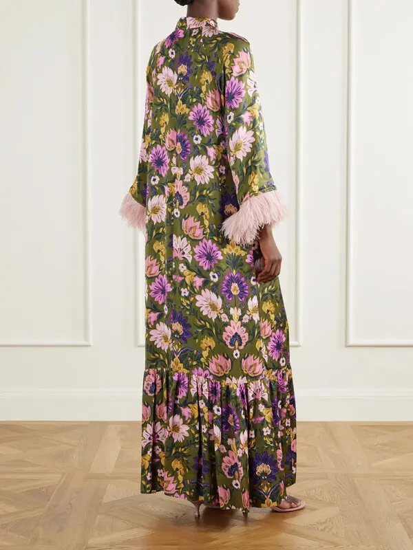 Borgo De Nor Avalon Feather-trimmed Printed Satin Maxi Dress