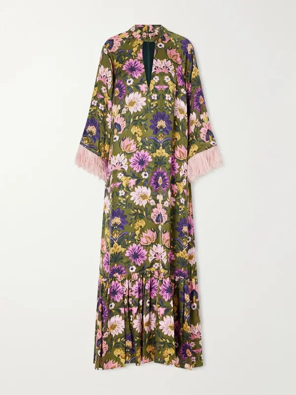 Borgo De Nor Avalon Feather-trimmed Printed Satin Maxi Dress