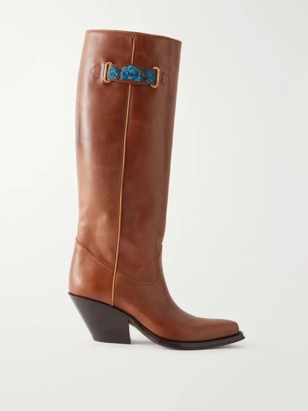 Chloé Azelan Embroidered Leather Knee Boots - Brown