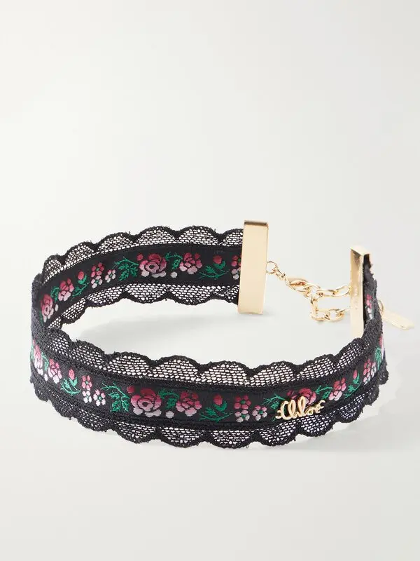 Chloé Ribbon Lace-trimmed Floral-jacquard Gold-tone Choker - Black