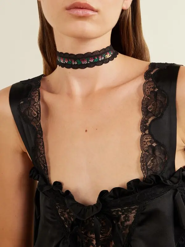 Chloé Ribbon Lace-trimmed Floral-jacquard Gold-tone Choker - Black