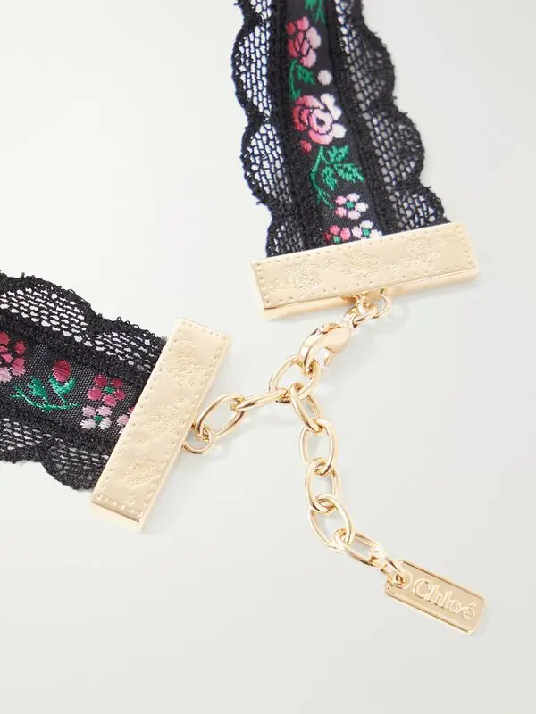 Chloé Ribbon Lace-trimmed Floral-jacquard Gold-tone Choker - Black