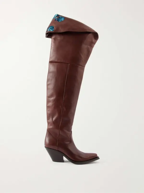 Chloé Azelan Flower-embroidered Leather Over-the-knee Boots - Brown