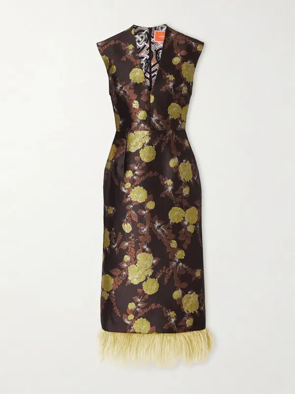 La DoubleJ Feather-trimmed Jacquard Midi Dress - Brown