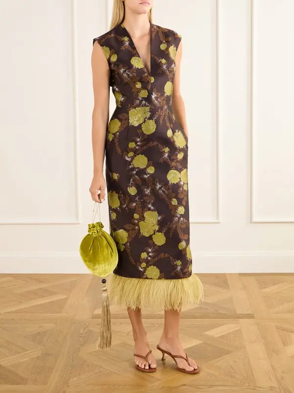 La DoubleJ Feather-trimmed Jacquard Midi Dress