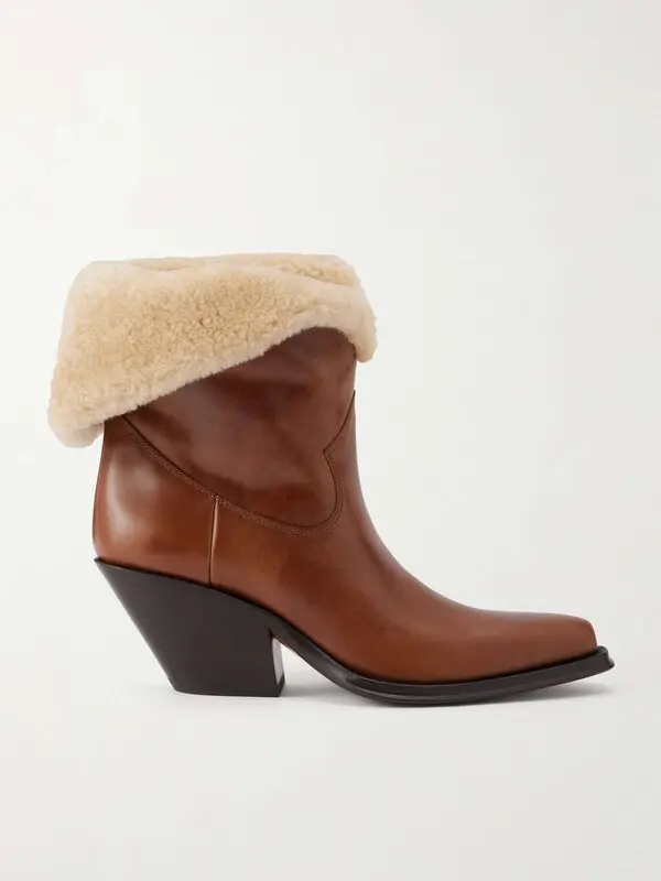 Chloé Azelan Shearling-trimmed Leather Ankle Boots - Tan