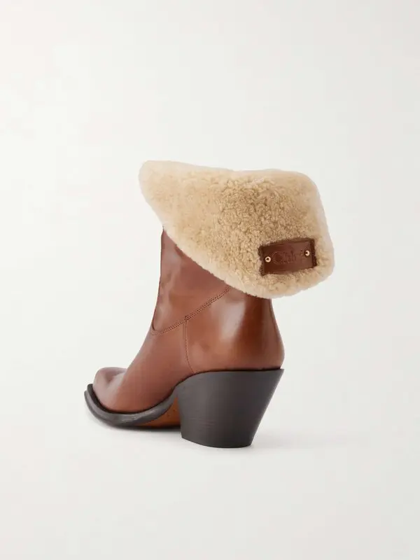 Chloé Azelan Shearling-trimmed Leather Ankle Boots - Tan