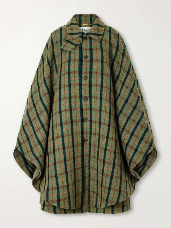 Chloé Checked Wool And Cotton-blend Coat - Green