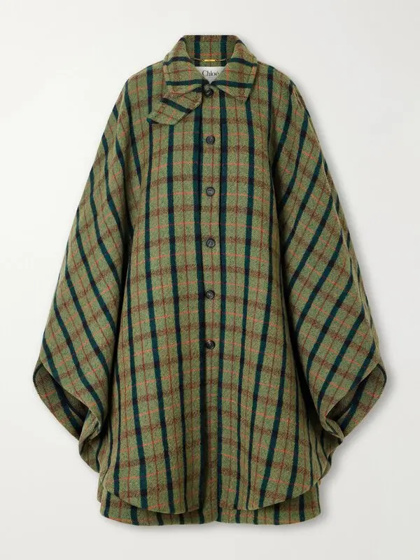 Chloé Checked Wool And Cotton-blend Cape - Green