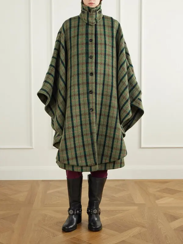 Chloé Checked Wool And Cotton-blend Cape - Green