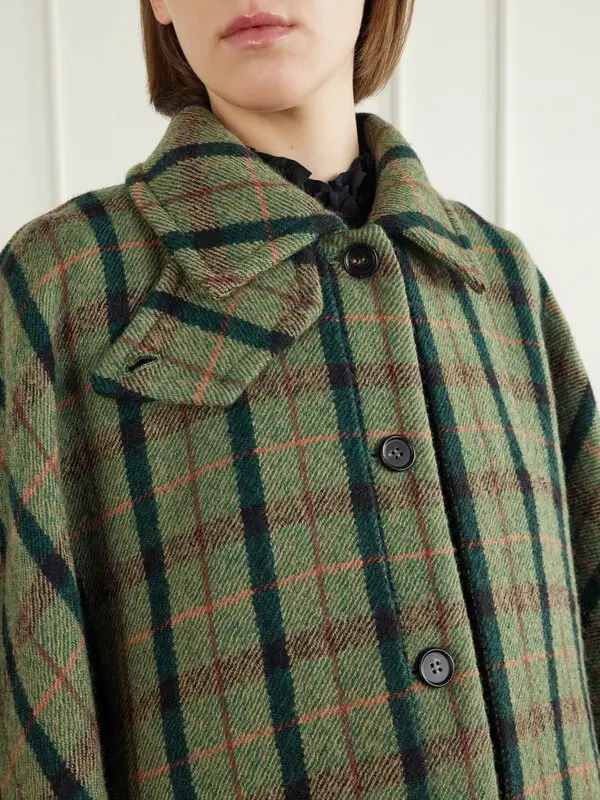 Chloé Checked Wool And Cotton-blend Cape - Green
