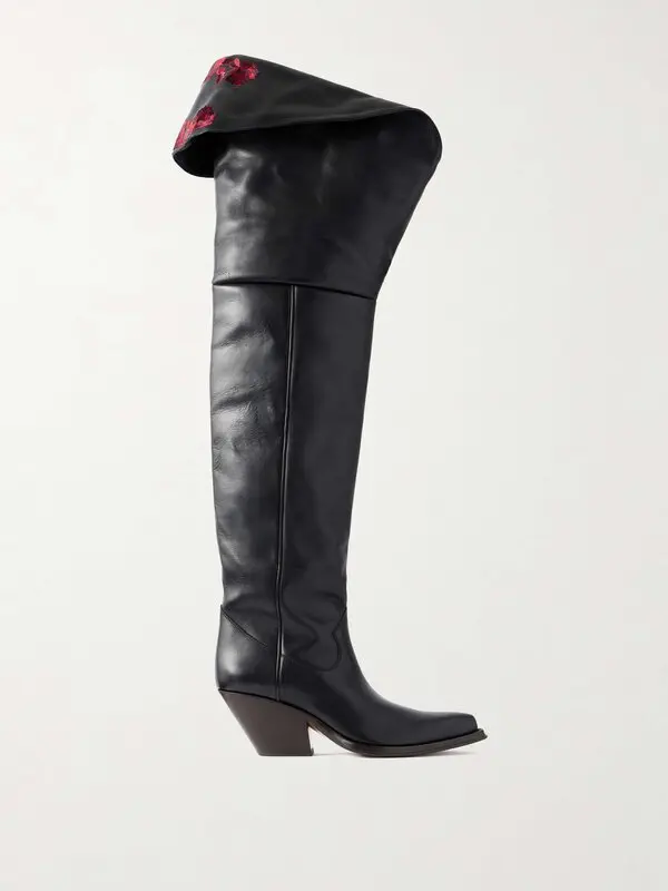 Chloé Azelan Embroidered Leather Knee Boots - Black