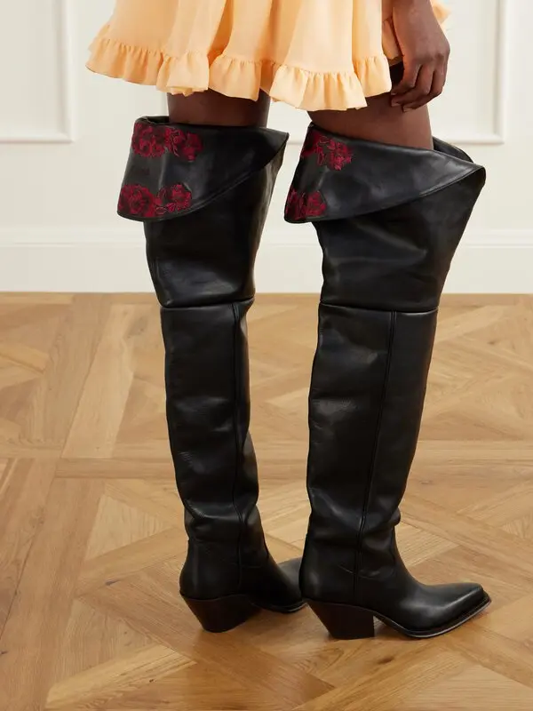 Chloé Azelan Embroidered Leather Knee Boots - Black