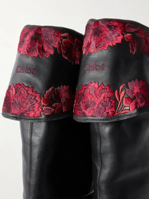 Chloé Azelan Embroidered Leather Knee Boots - Black