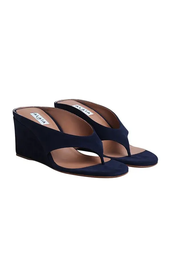 Alaïa Suede Thong Wedge Sandals - Blue