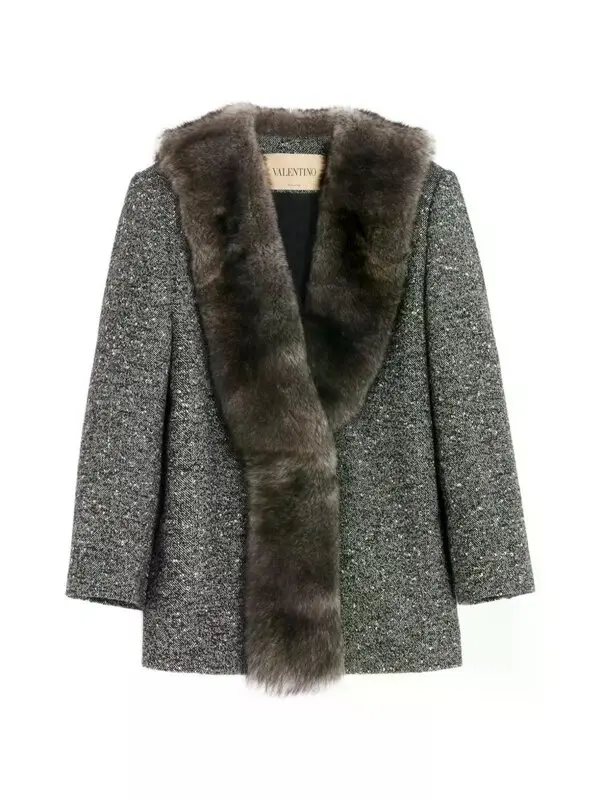 Valentino Garavani Single-breasted Chevron Bouclé Caban With Shearling - Grey