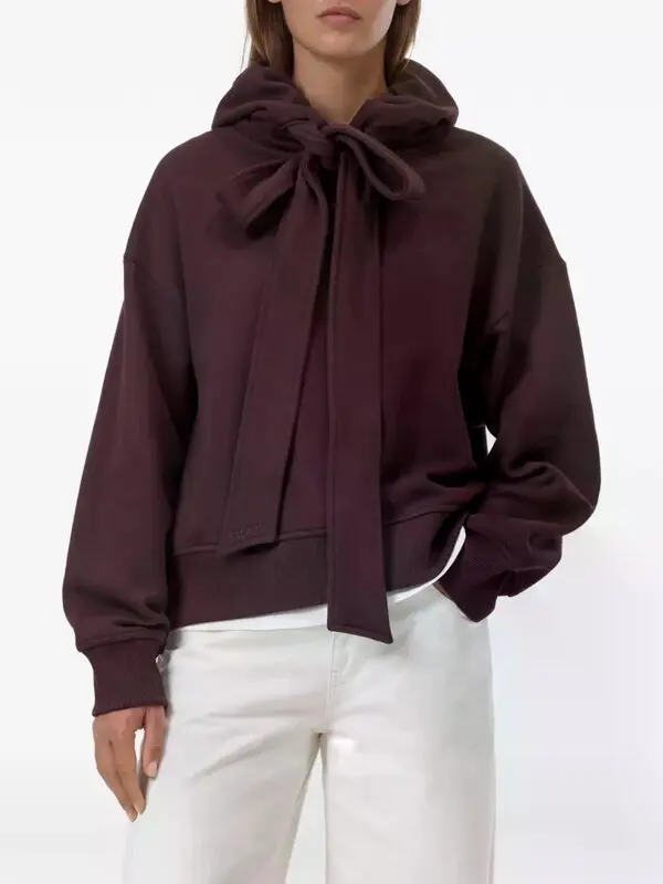 Closed Pussy-bow Dropped-shoulder Hoodie - Brown