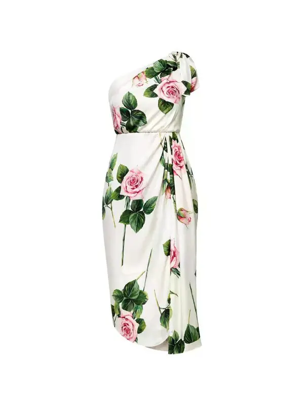 Dolce & Gabbana Rose-print One-shoulder Draped Midi Dress