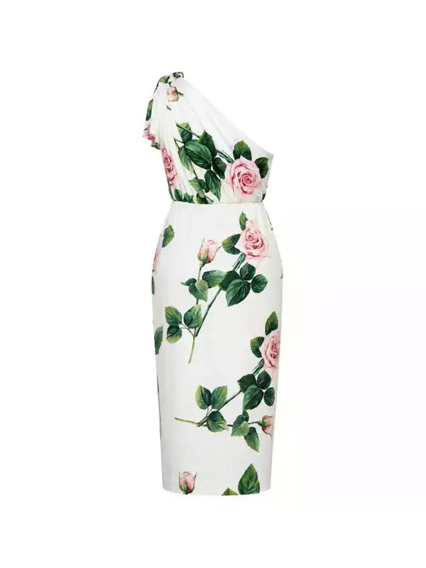 Dolce & Gabbana Rose-print One-shoulder Draped Midi Dress